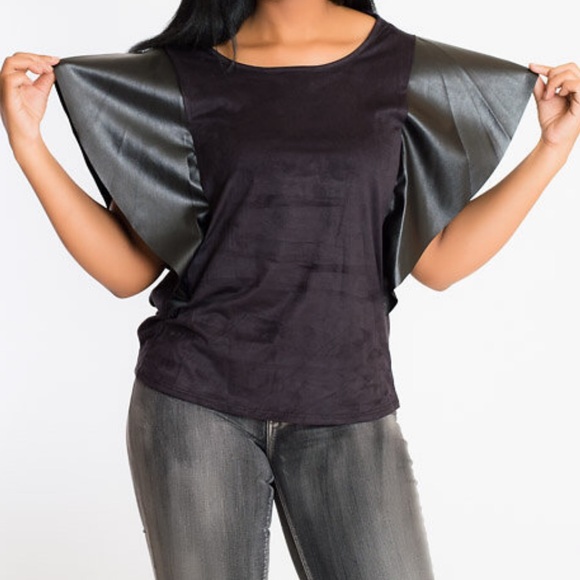 Tops | Faux Leather Ruffle Sleeve Top | Poshmark